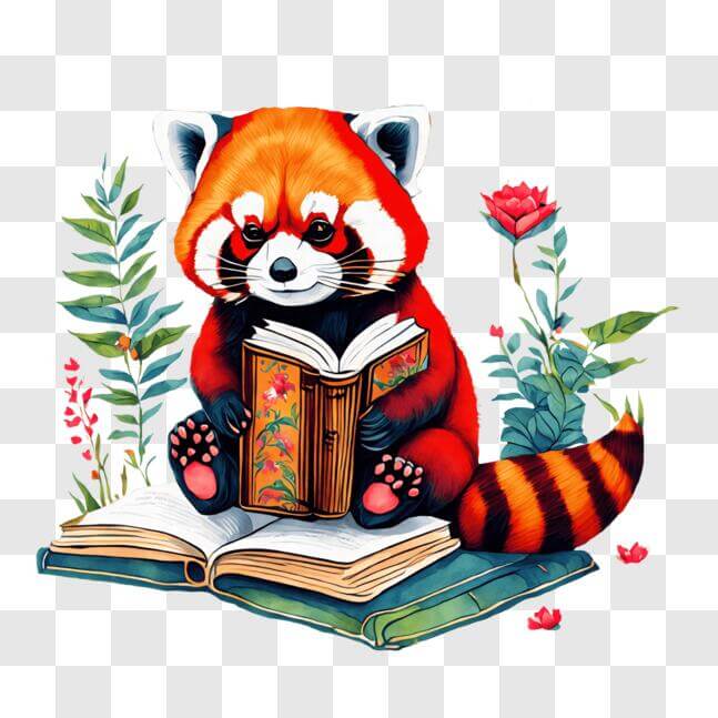 Download Red Panda Reading a Book with Flowers PNGs Online - Creative ...