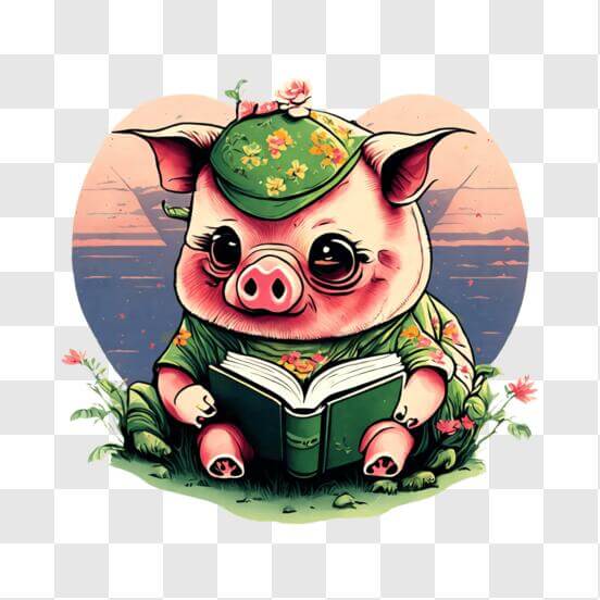 Download Cute Pig Reading Book with Glasses PNGs Online - Creative Fabrica
