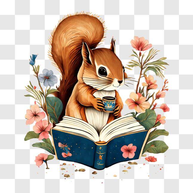 Download Squirrel Reading Book and Drinking Tea in Natural Habitat PNGs ...