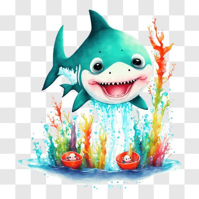 Download Happy and Playful Cartoon Shark in Colorful Water PNGs Online ...