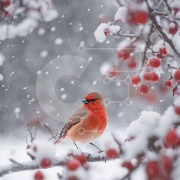 Red Bird Enjoying Snowy Scenery on an Apple Tree Branch stock photo ...