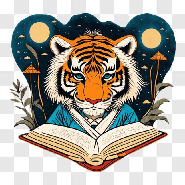 Download Tiger reading a book with illustrations of trees, mountains ...
