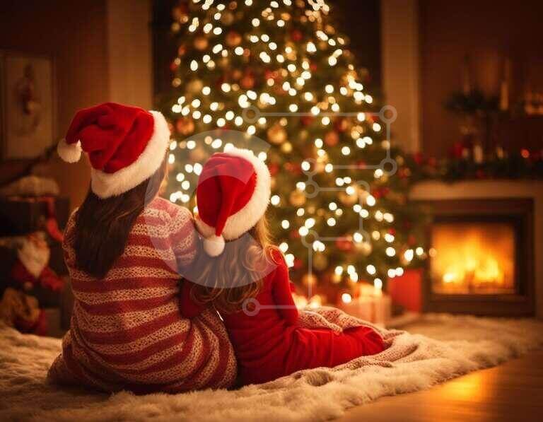 Festive Family Time: Children and Christmas Tree stock photo | Creative ...