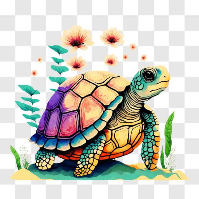 Download Colorful Tortoise on Grass with Flowers and Plants PNGs Online ...