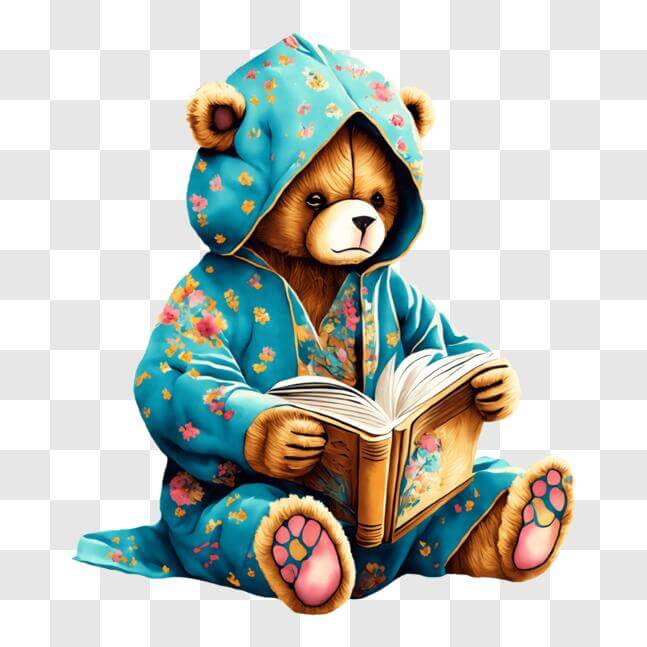 Download Adorable Teddy Bear in Blue Pajamas Reading a Book PNGs Online ...