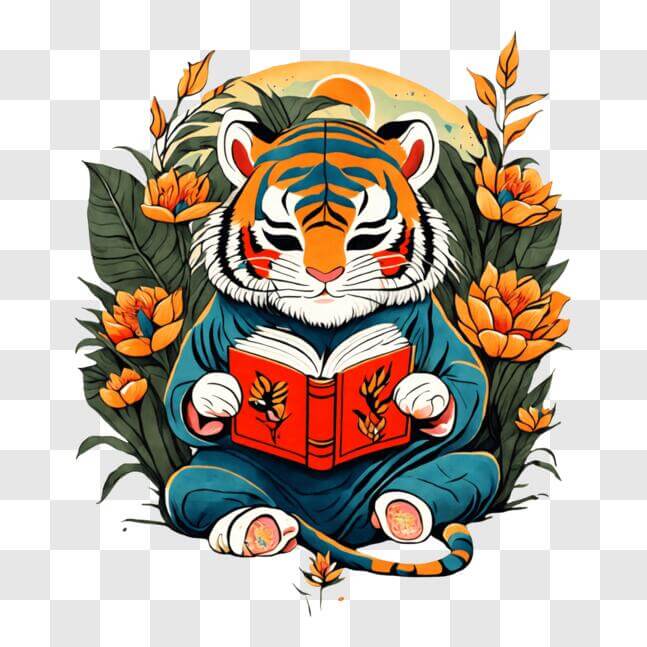 Download Cartoon Tiger Reading Book in Flower Garden PNGs Online ...