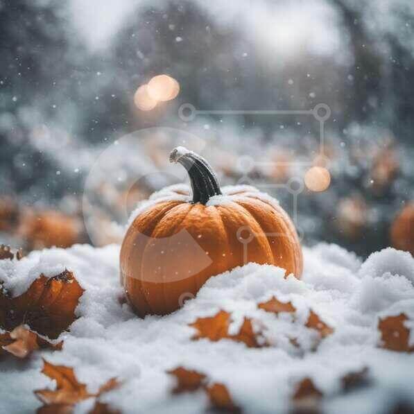 Orange Pumpkin in Snow with Autumn Leaves and Bokeh Lights stock photo ...