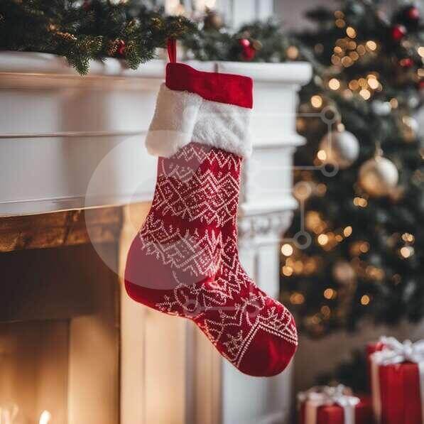 Festive Christmas Stocking and Decorations on Fireplace Mantle stock ...