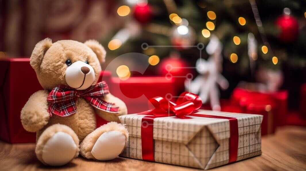 Teddy Bear with Open Gift Box and Christmas Tree stock photo | Creative ...