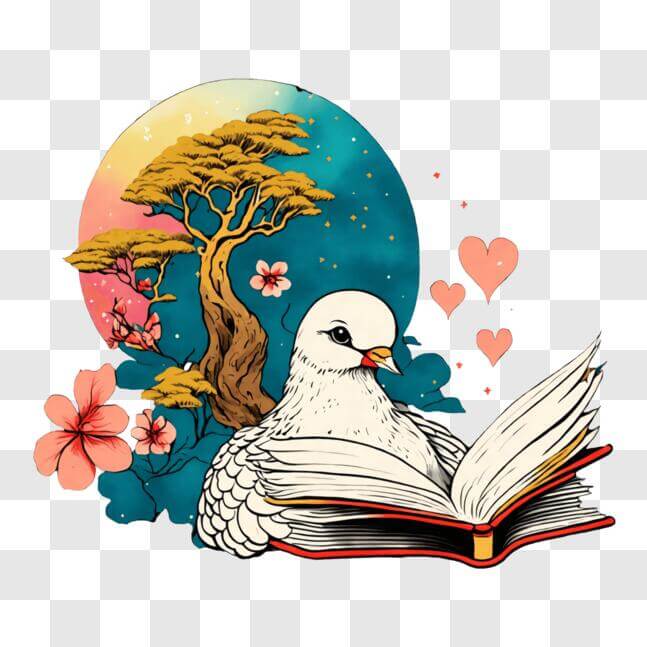 Download White Dove Reading Book with Flowers and Trees PNGs Online ...