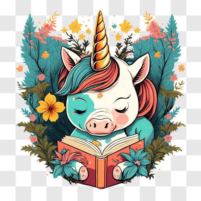 Download Cute Unicorn Reading Book in Flower Garden PNGs Online ...