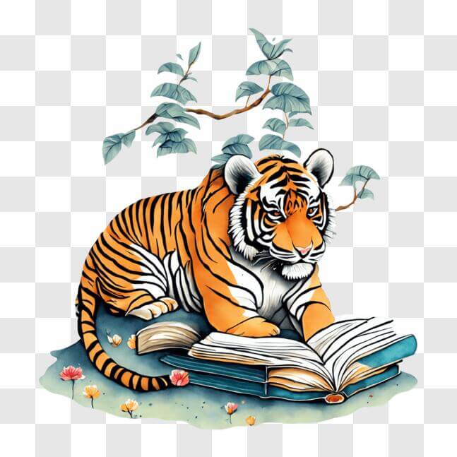 Download Tiger Reading a Book Surrounded by Plants and Flowers PNGs ...