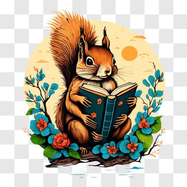 Download Squirrel reading book surrounded by flowers PNGs Online ...