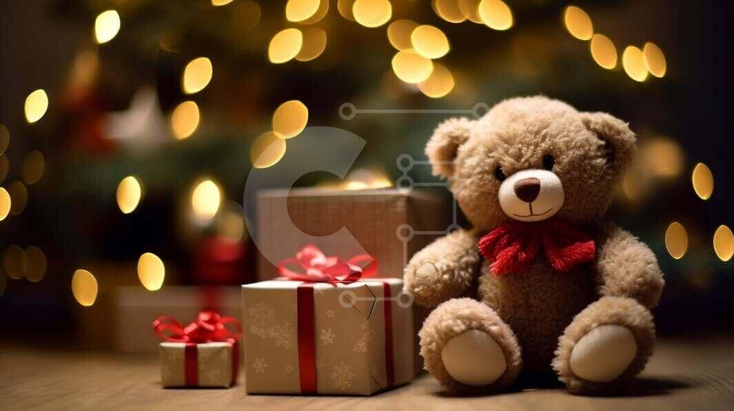 Festive Teddy Bear with Christmas Gifts and Tree stock photo | Creative ...