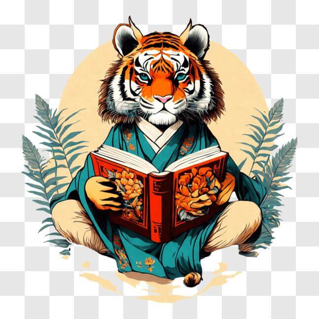 Download Tiger Reading Book Outdoors with Birds and Leaves PNGs Online ...