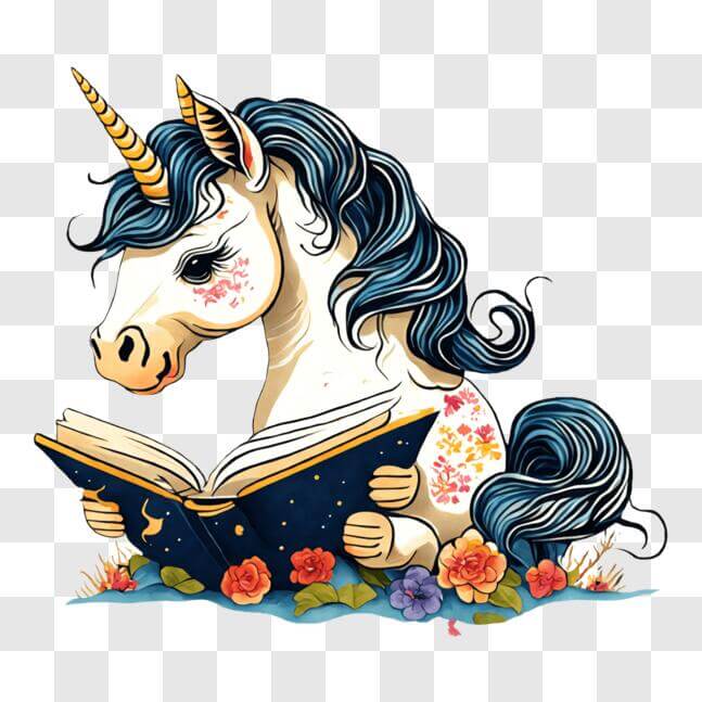 Download Beautiful Unicorn Reading a Book with Flowers PNGs Online ...