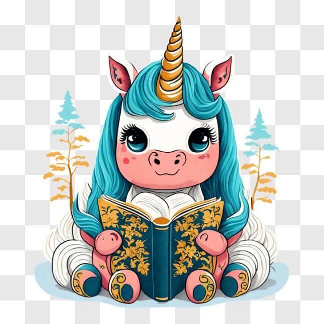 Download Cute Unicorn with Blue Hair Reading a Book PNGs Online ...