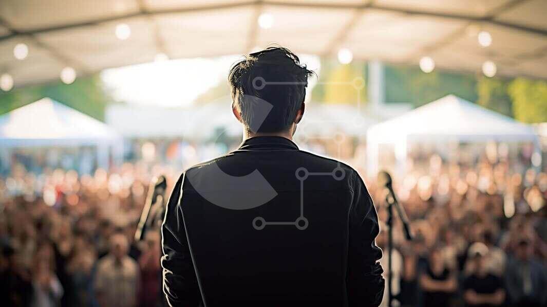 Man speaking to a crowd from behind on stage stock photo | Creative Fabrica
