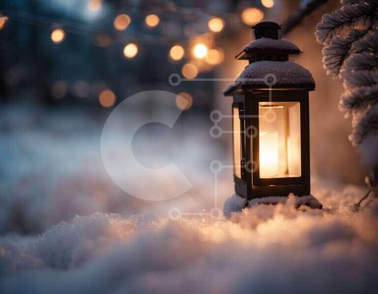 Snowy Lantern Illuminated by Candlelight stock photo | Creative Fabrica
