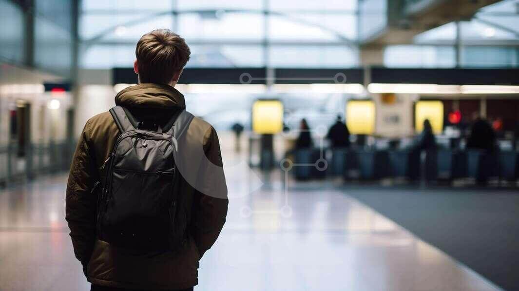 Man Waiting for Flight in Airport Terminal stock photo | Creative Fabrica