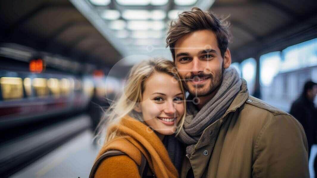 Romantic couple at train station stock photo | Creative Fabrica