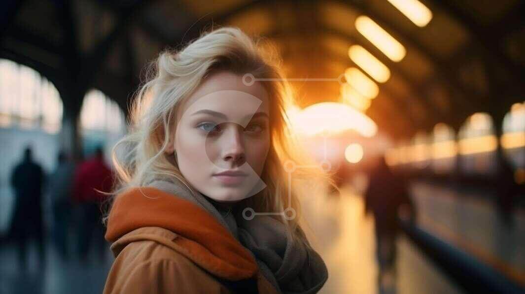 Blonde Woman in Underground Train Station at Sunset stock photo ...