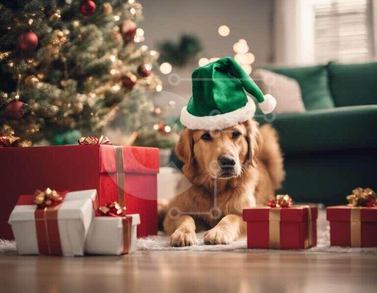 Golden Dog Celebrating Christmas with Presents stock photo | Creative ...