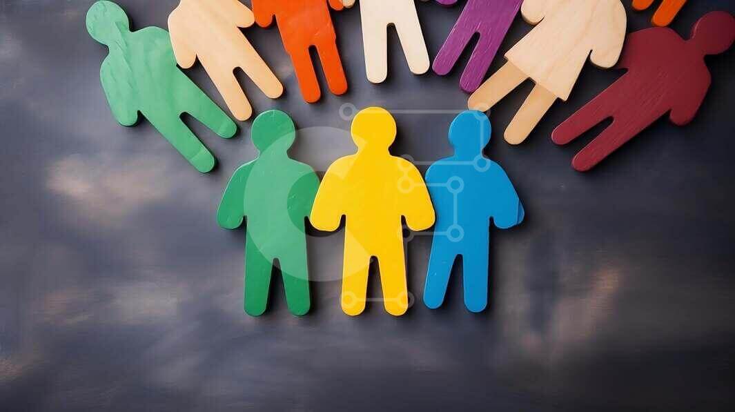 Colorful Wooden People in Triangle Formation stock photo | Creative Fabrica