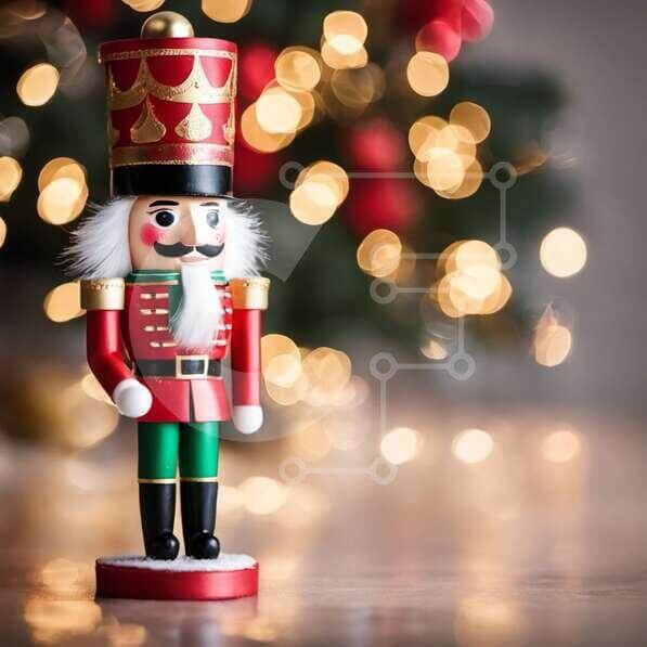Festive Wooden Nutcracker and Christmas Tree stock photo | Creative Fabrica