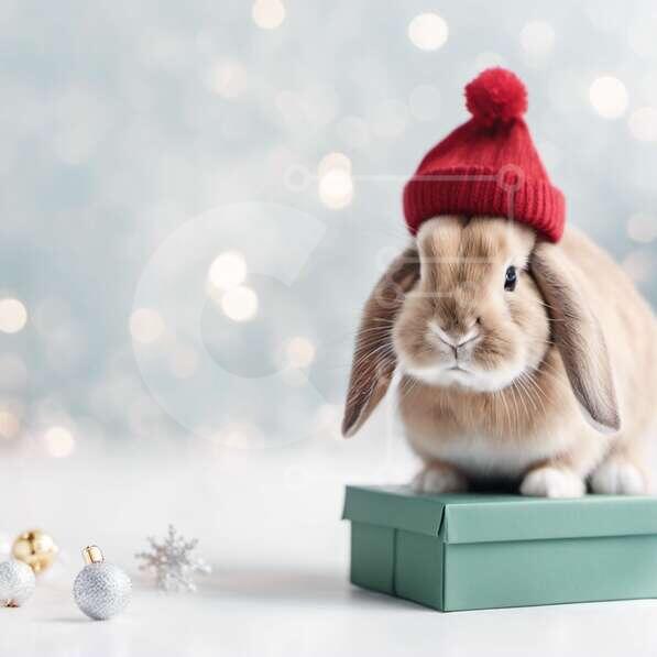 Festive Bunny Rabbit on Gift Box with Christmas Decorations stock photo ...