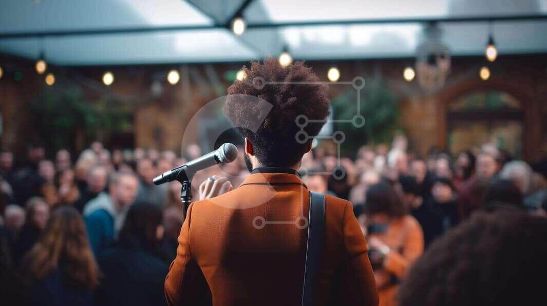 Woman Speaking with Microphone at Event or Conference stock photo ...