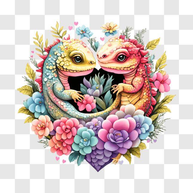 Download Two Lizards in the Shape of a Heart Surrounded by Flowers and ...
