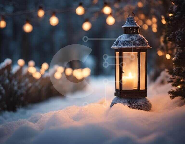 Snowy Lantern Lit by Candlelight stock photo | Creative Fabrica