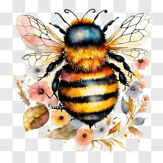 Download Watercolor Bee Surrounded by Flowers and Leaves PNGs Online ...