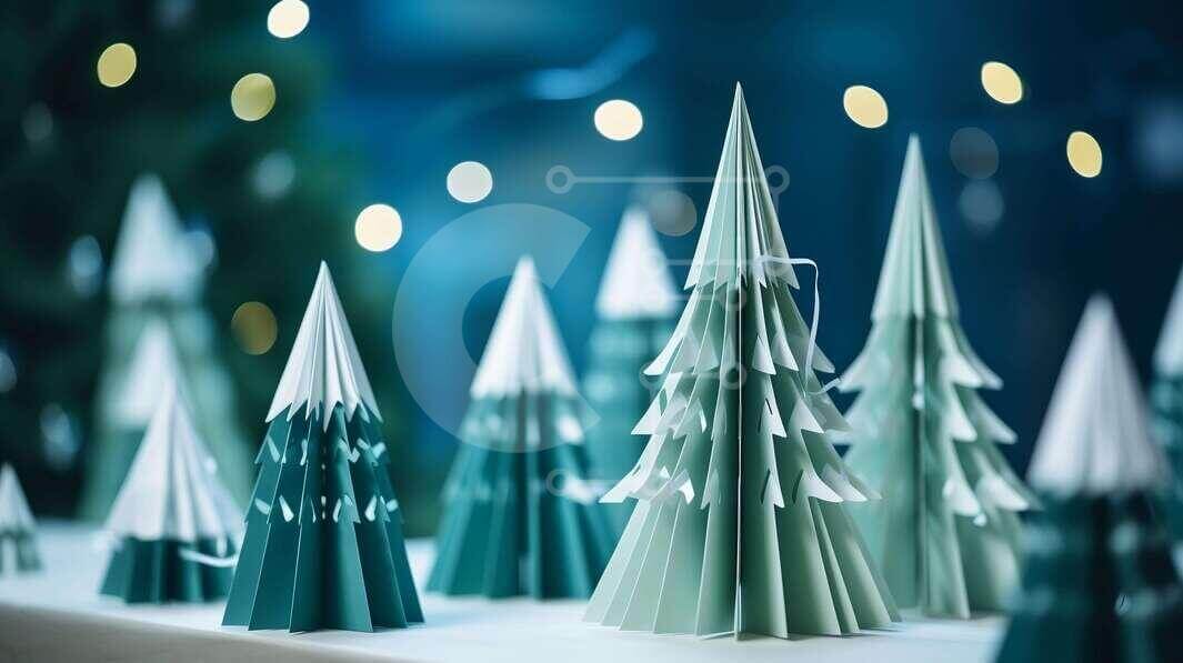 Green and White Origami Trees on Table with Lights stock photo ...