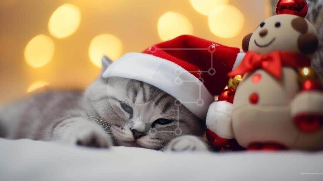 Festive Gray Cat with Teddy Bear stock photo | Creative Fabrica