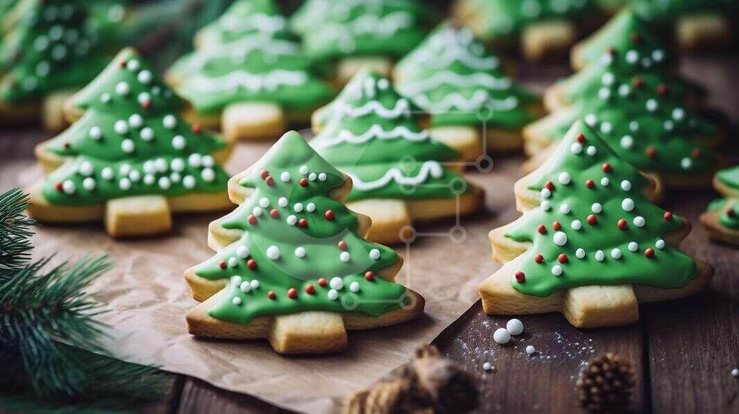 Festive Green-Frosted Christmas Tree Cookies stock photo | Creative Fabrica