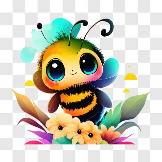 Download Cute Cartoon Bee on Colorful Flowers and Plants PNGs Online ...