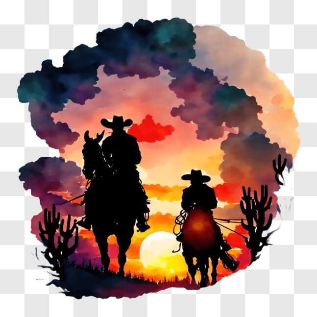 Download Cowboys Riding Horses through Desert at Sunset PNGs Online ...