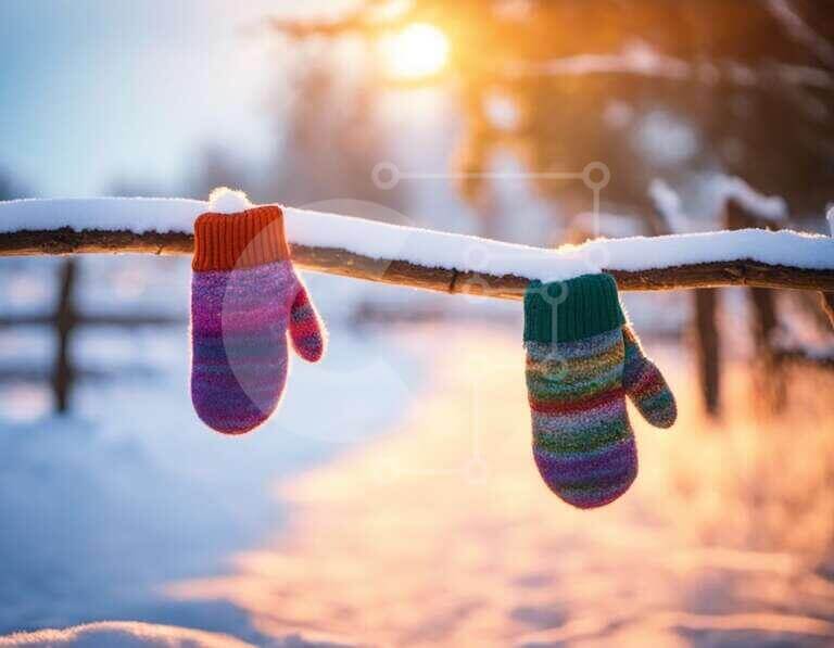 Colorful Mittens on a Snow-Covered Branch stock photo | Creative Fabrica