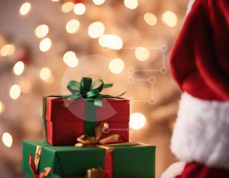 Santa Claus with Presents and Holiday Lights stock photo | Creative Fabrica