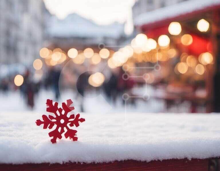 Red Snowflake on Snow - Outdoor Winter Scene stock photo | Creative Fabrica