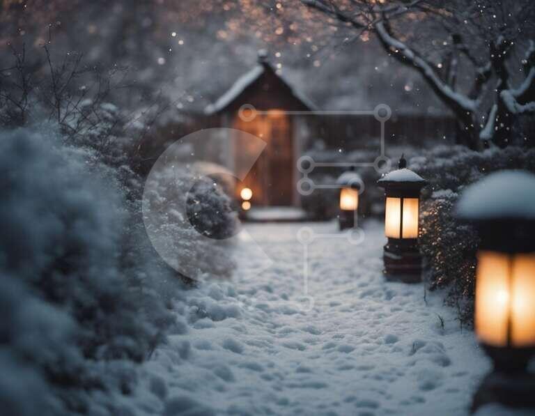 Winter Wonderland: Snow-covered Pathway with Lanterns stock photo ...