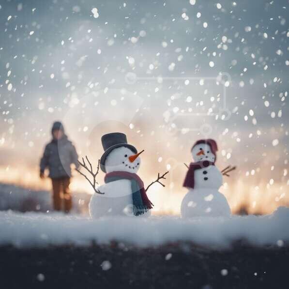 Winter Snowmen with Person in Snowy Landscape stock photo | Creative ...