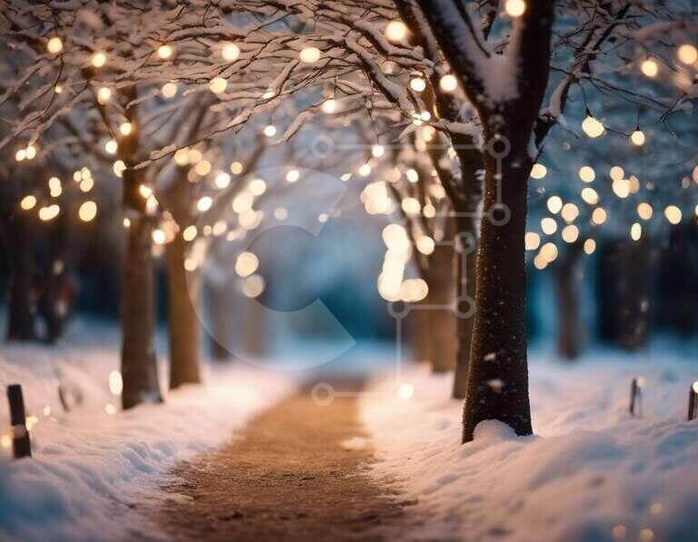 Winter Wonderland: A Snowy Path with Christmas Lights stock photo ...