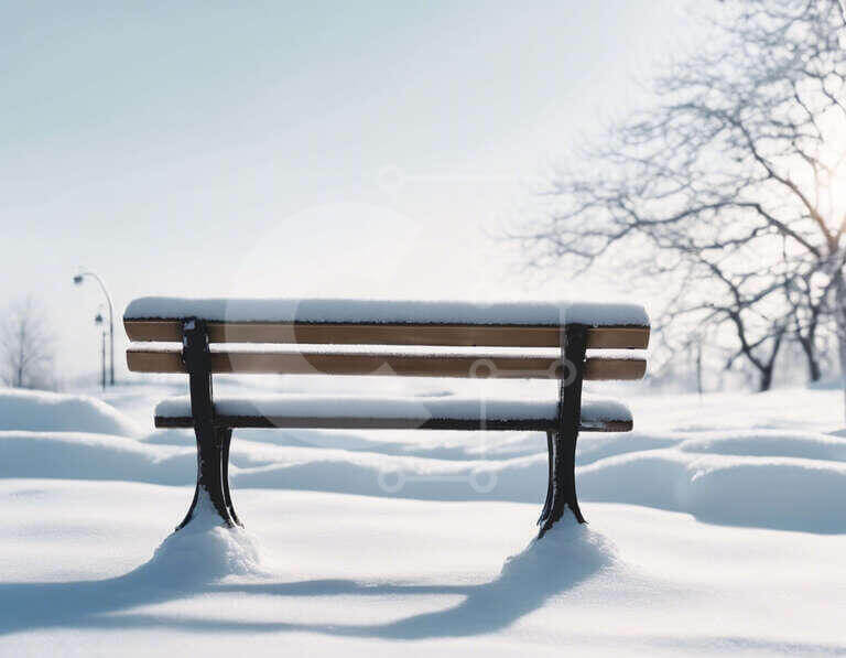 Peaceful Winter Scene with a Wooden Bench in the Snow stock photo ...