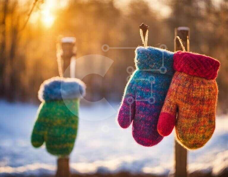 Colorful Knitted Mittens in Winter Wonderland stock photo | Creative ...