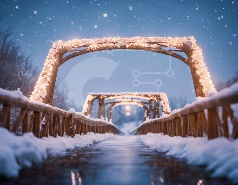 Winter Wonderland: Snowy Bridge with Christmas Lights stock photo ...