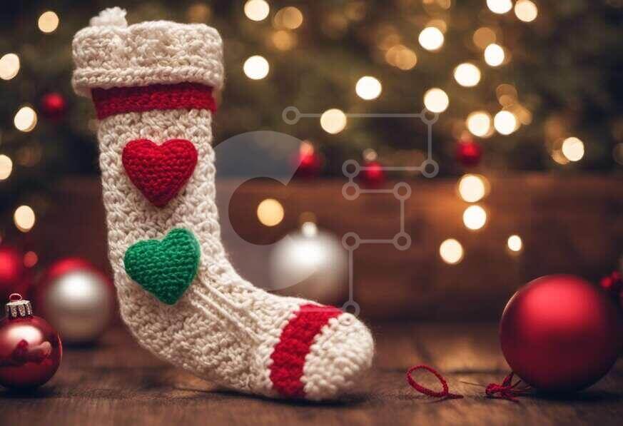 Crocheted Stocking with Red and White Hearts on Ornaments stock photo ...