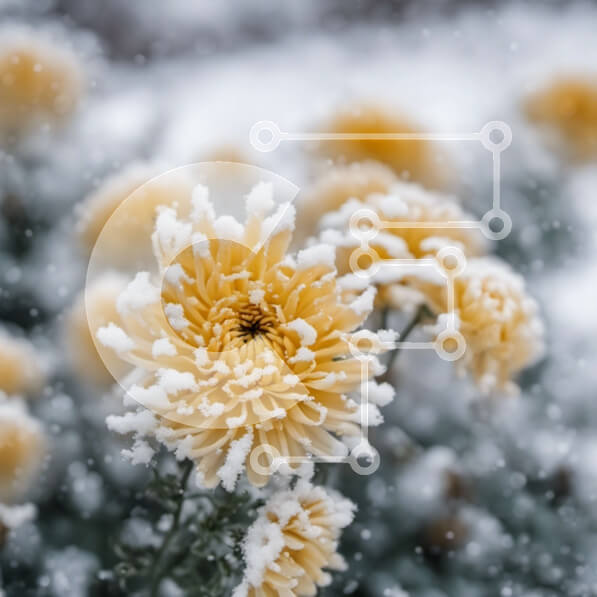 Snow-covered yellow flowers in winter stock photo | Creative Fabrica
